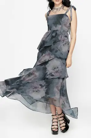 DISTURBIA Ophelie Chiffon Tiered Maxi Dress - Grey