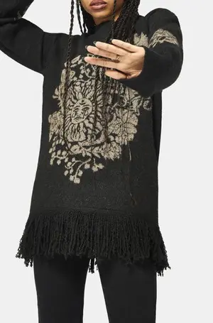 DISTURBIA Dia Jacquard Knit Sweater With Fringe Hem