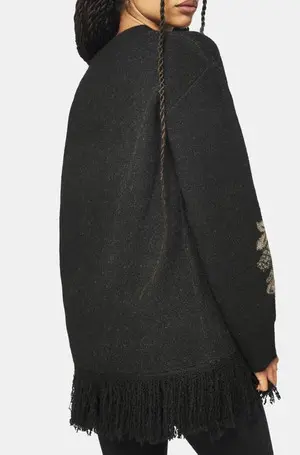 DISTURBIA Dia Jacquard Knit Sweater With Fringe Hem