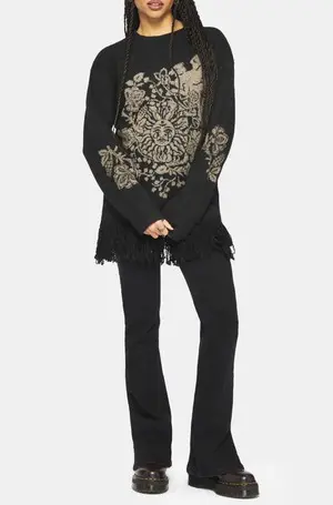 DISTURBIA Dia Jacquard Knit Sweater With Fringe Hem