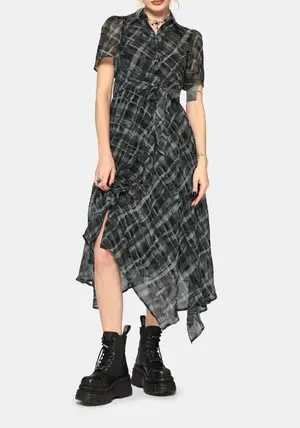 DISTURBIA Rhoswen Checked Midaxi Shirt Dress - Grey
