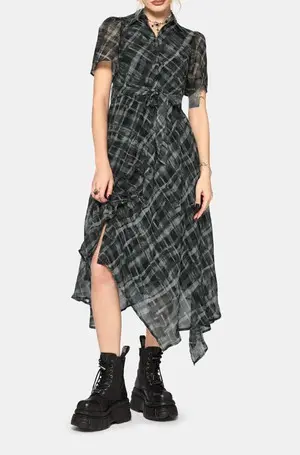 DISTURBIA Checked Midaxi Shirt Dress With Tie Waist And Asymmetrical Hem