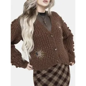 DISTURBIA Isla Chunky Embroidered Knit Cardigan - Brown