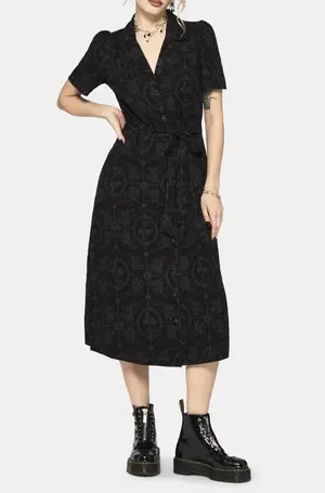 DISTURBIA Cameo Floral Tie Belt Midi Shirt Dress - Black