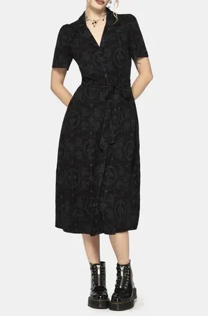 DISTURBIA Cameo Floral Tie Belt Midi Shirt Dress