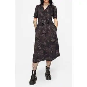 DISTURBIA Moth Print Shirt Dress - Black