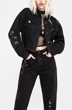 DISTURBIA Griffin Fly Embroidered Distressed Denim Jacket - Black