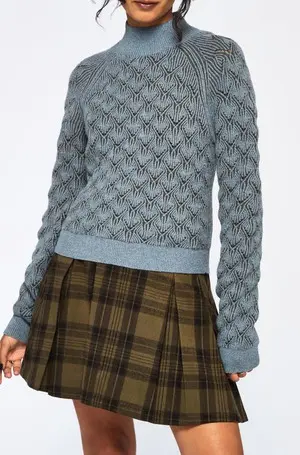 DISTURBIA Edna Cotton Leaf Funnel Neck Jumper - Blue