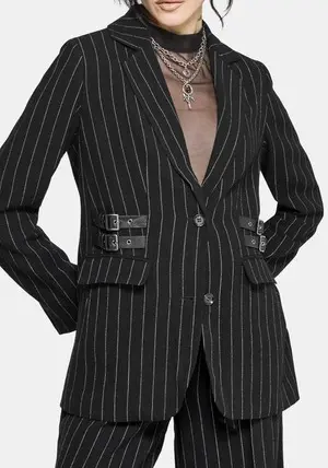 DISTURBIA Charli Pinstripe Buckle Oversized Blazer - Black