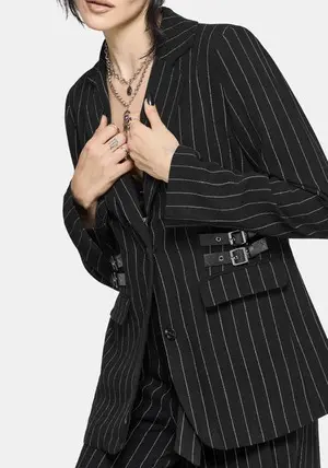 DISTURBIA Charli Pinstripe Buckle Oversized Blazer