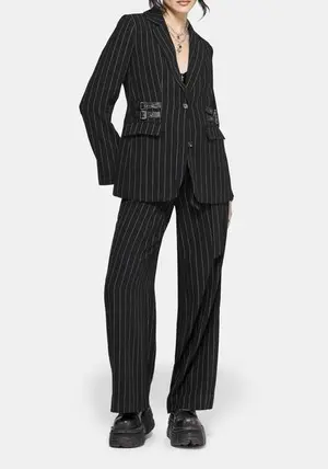DISTURBIA Charli Pinstripe Buckle Oversized Blazer