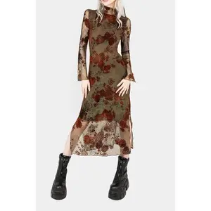 DISTURBIA Rosaleigh Flock Velour Mesh Midaxi Dress
