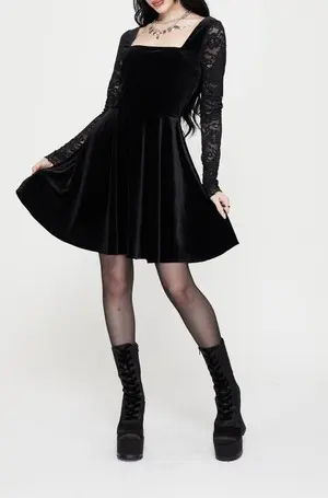 DISTURBIA Square Neck Lace Sleeve Fit And Flare Mini Dress