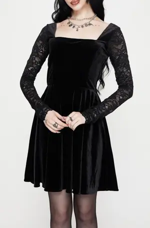 DISTURBIA Square Neck Lace Sleeve Fit And Flare Mini Dress