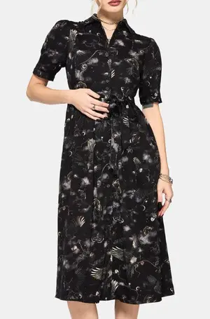 DISTURBIA Crimson Magpie And Moth Midi Shirt Dress