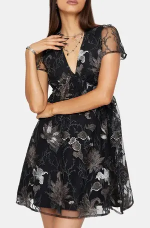 DISTURBIA Estrid Embroidered Mini Dress With Sheer Cap Sleeves