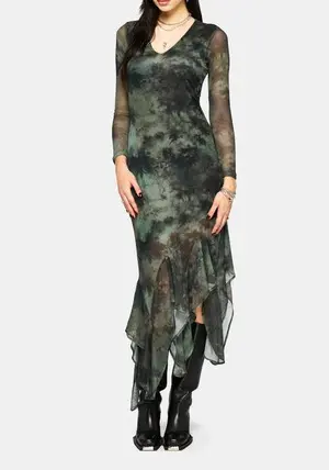 DISTURBIA Nova Mesh Long Sleeve Tie Dye Maxi Dress - Green