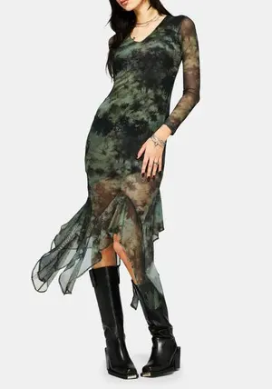 DISTURBIA Nova Mesh Long Sleeve Tie Dye Maxi Dress
