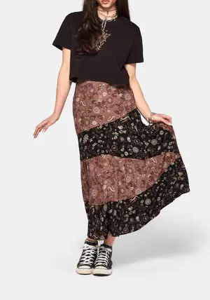 DISTURBIA Sylra Ditsy Folk Spliced Midi Skirt