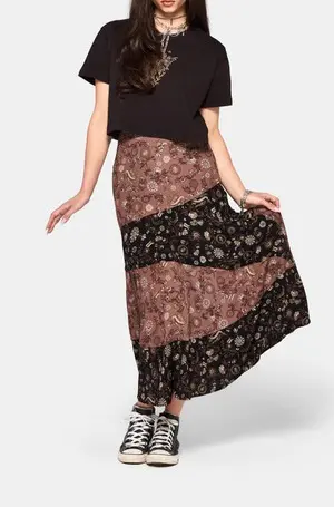 DISTURBIA Sylra Ditsy Folk Spliced Midi Skirt