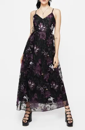 DISTURBIA Embroidered Mesh Maxi Dress - Purple