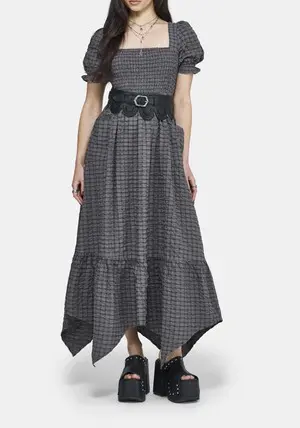 DISTURBIA Nimira Check Handkerchief Hem Midi Dress - Grey