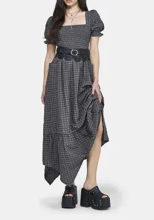 DISTURBIA Nimira Check Handkerchief Hem Midi Dress