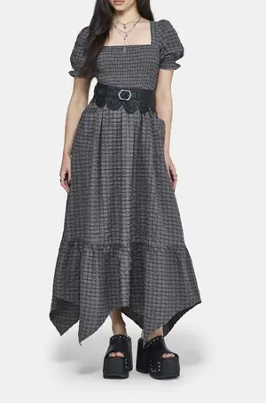 DISTURBIA Nimira Checked Handkerchief Hem Midi Dress