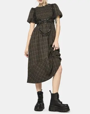 DISTURBIA Rhiannon Check Shirred Bodice Midi Dress - Brown