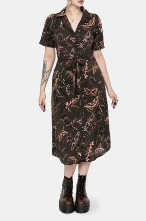 DISTURBIA Whispen Moth Print Midi Shirt Dress