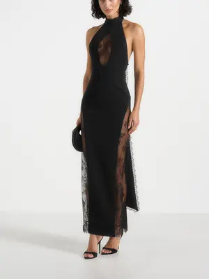 Manière De Voir Jessica Contour Lace Halter Drape Neck Maxi Dress - Black