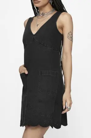 DISTURBIA Embroidered Denim Pinafore Mini Dress