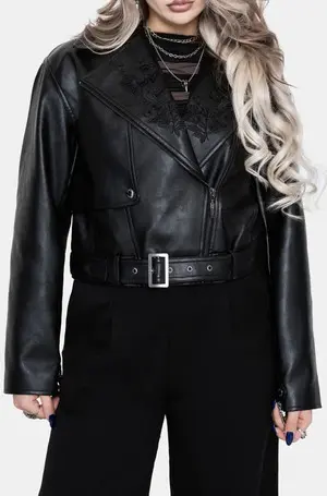 DISTURBIA Clash Embroidered Faux Leather Jacket