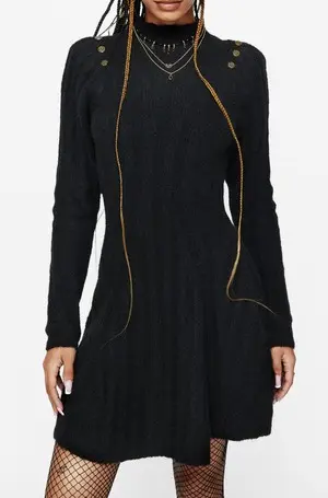 DISTURBIA Dream Ribbed Skater Knit Dress - Black