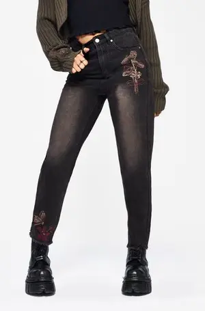 DISTURBIA High-waisted Ankle Jeans With Embroidered Detail