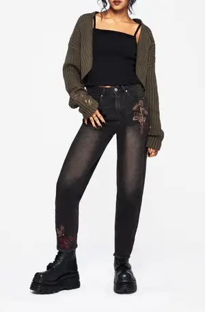DISTURBIA High-waisted Ankle Jeans With Embroidered Detail