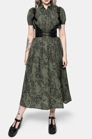 DISTURBIA Orla Foxglove Print Shirred Midaxi Dress - Green