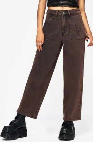 DISTURBIA Echo Embroidered Pocket Cropped Jeans - Brown