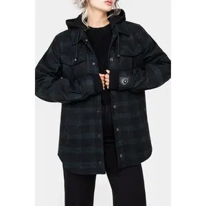 DISTURBIA Trellis Hooded Check Shacket - Black
