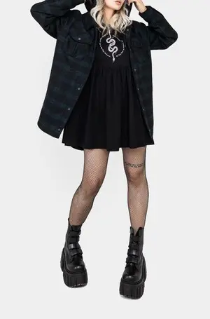 DISTURBIA Trellis Hooded Check Shacket - Black