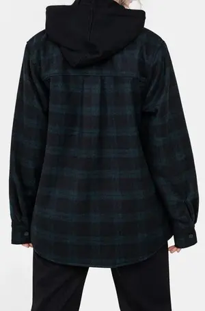 DISTURBIA Trellis Hooded Check Shacket - Black