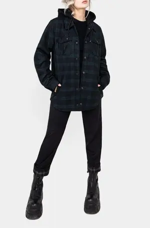 DISTURBIA Trellis Hooded Check Shacket - Black