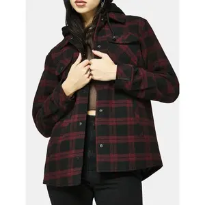DISTURBIA Trellis Hooded Check Shacket - Dark Red