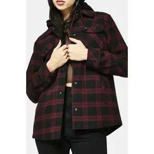 DISTURBIA Trellis Hooded Check Shacket Dark Red