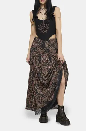 DISTURBIA Mythos Print Lace Detail Midaxi Skirt