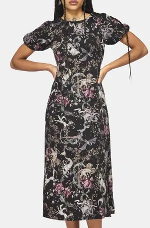 DISTURBIA Enchanted Forest Print Midi Dress With Puff Sleeves