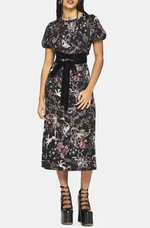 DISTURBIA Enchanted Forest Print Midi Dress With Puff Sleeves