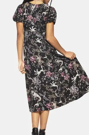 DISTURBIA Enchanted Forest Print Midi Dress With Puff Sleeves