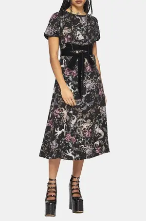 DISTURBIA Enchanted Forest Print Midi Dress With Puff Sleeves