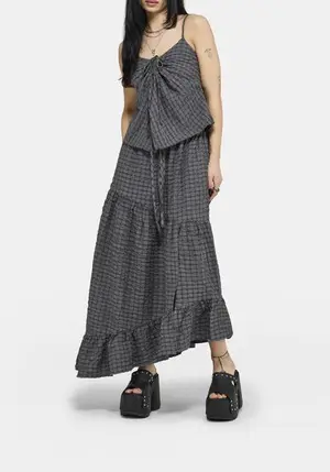 DISTURBIA Nimira Check Asymmetrical Maxi Skirt